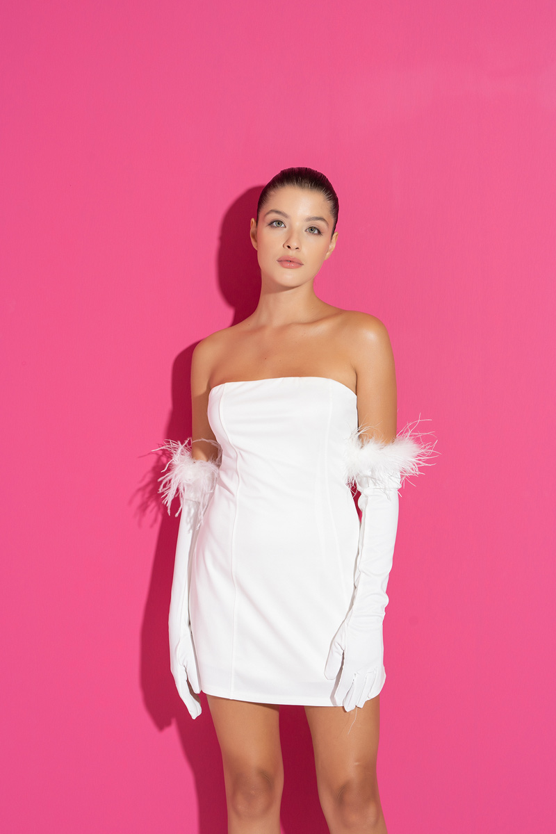 Kikiriki Eldivenli Off white Straplez Mini Elbise - 55918 014